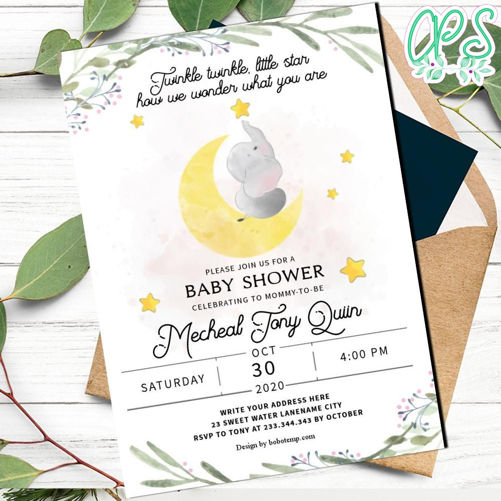 Editable Twinkle Little Star Elephant Baby Shower Set Invitation 