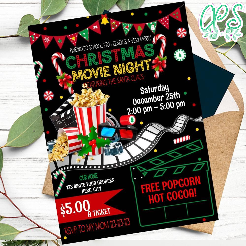 Christmas Movie Night Flyer Invitation Customizable Template DIY ...