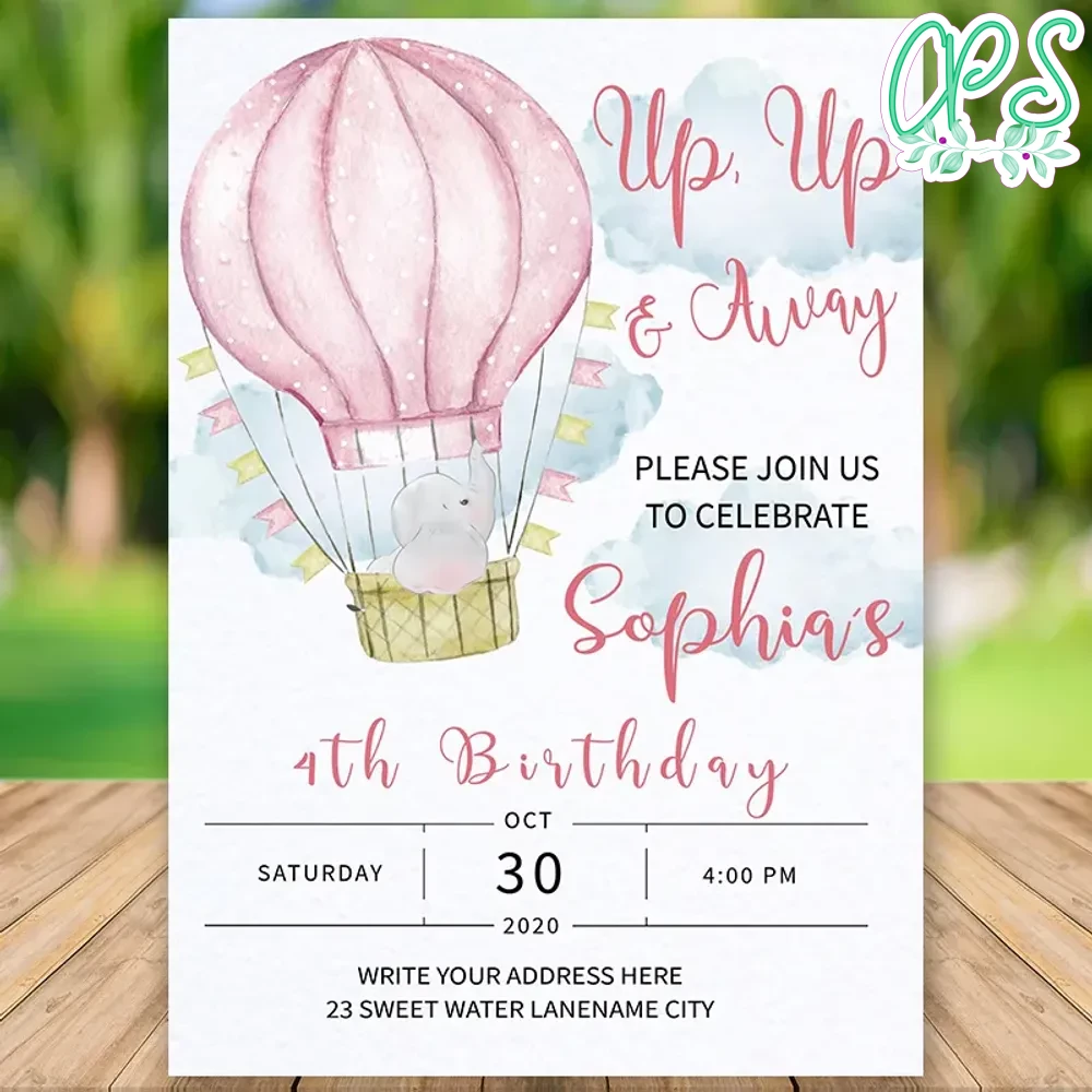 Printable Pink Hot Air Balloon 4th Birthday Invitation DIY ...
