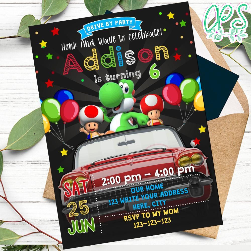 Super Mario Yoshi Drive By Birthday Parade Invitation | CustomPartyShirts