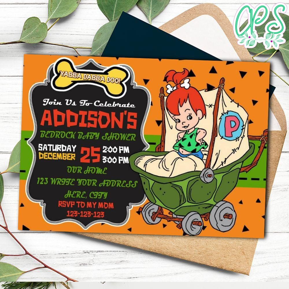 Flintstones Pebbles Bedrock Baby Shower Invitation Template DIY 
