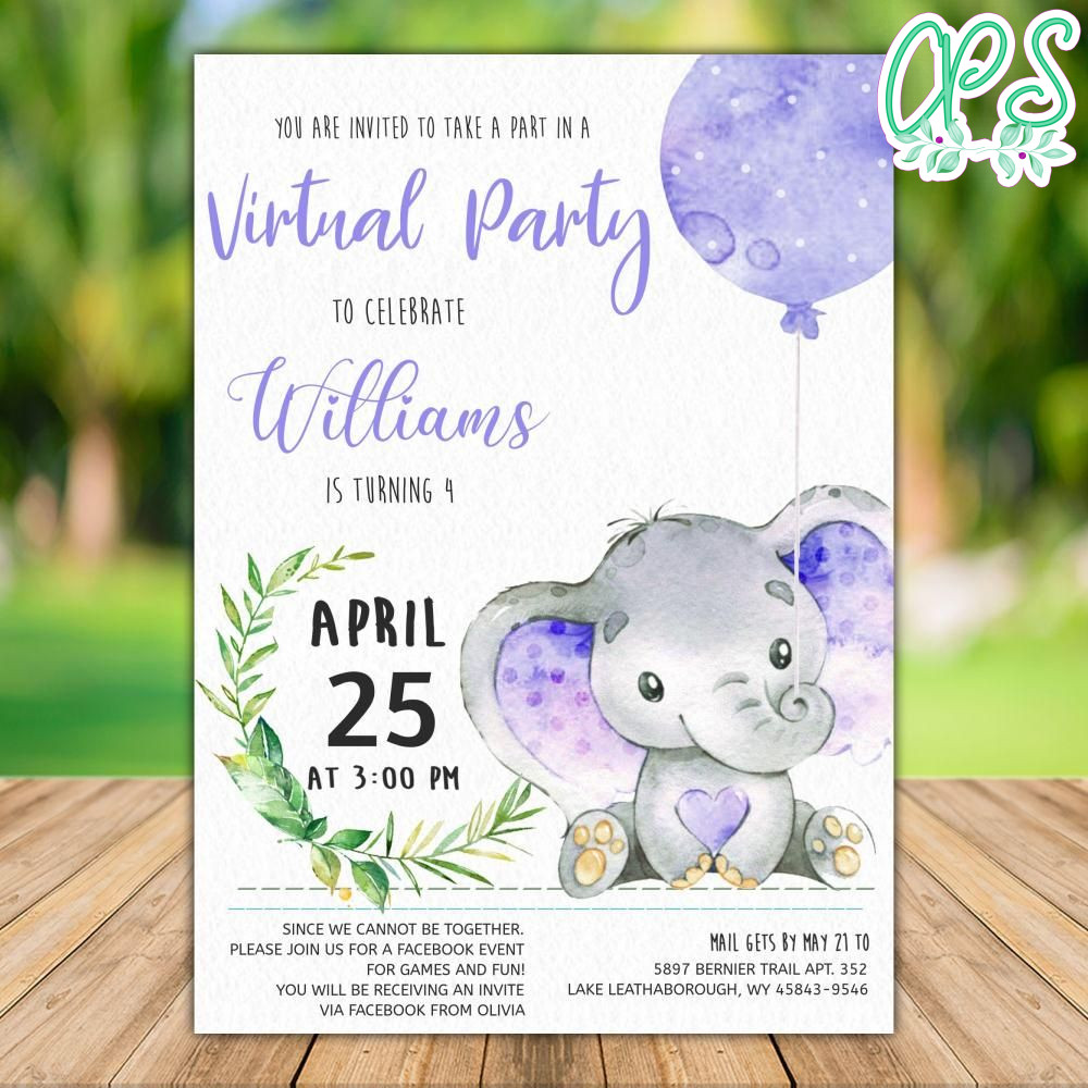 Printable Girl Elephant Virtual Party Invitation Template DIY ...