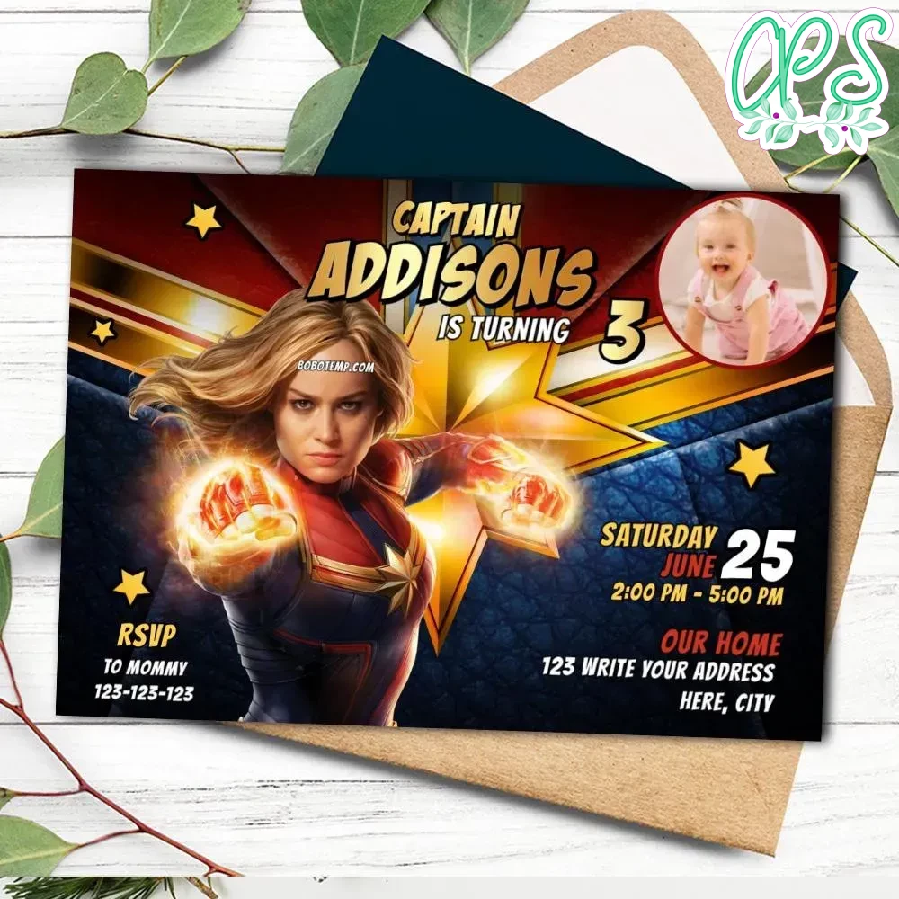 Editable Captain Marvel Birthday Flyer With Photo DIY | CustomPartyShirts