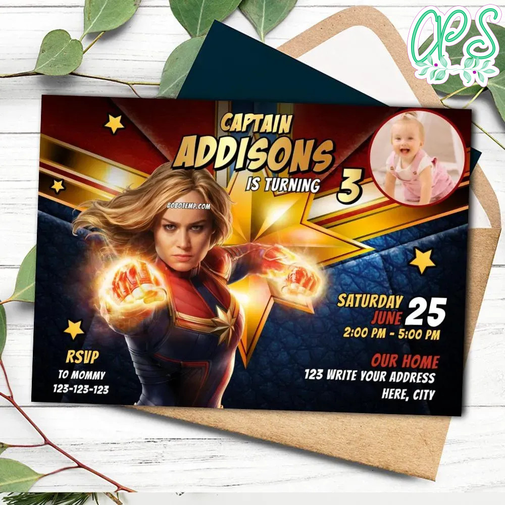 Editable Captain Marvel Birthday Flyer With Photo DIY | CustomPartyShirts
