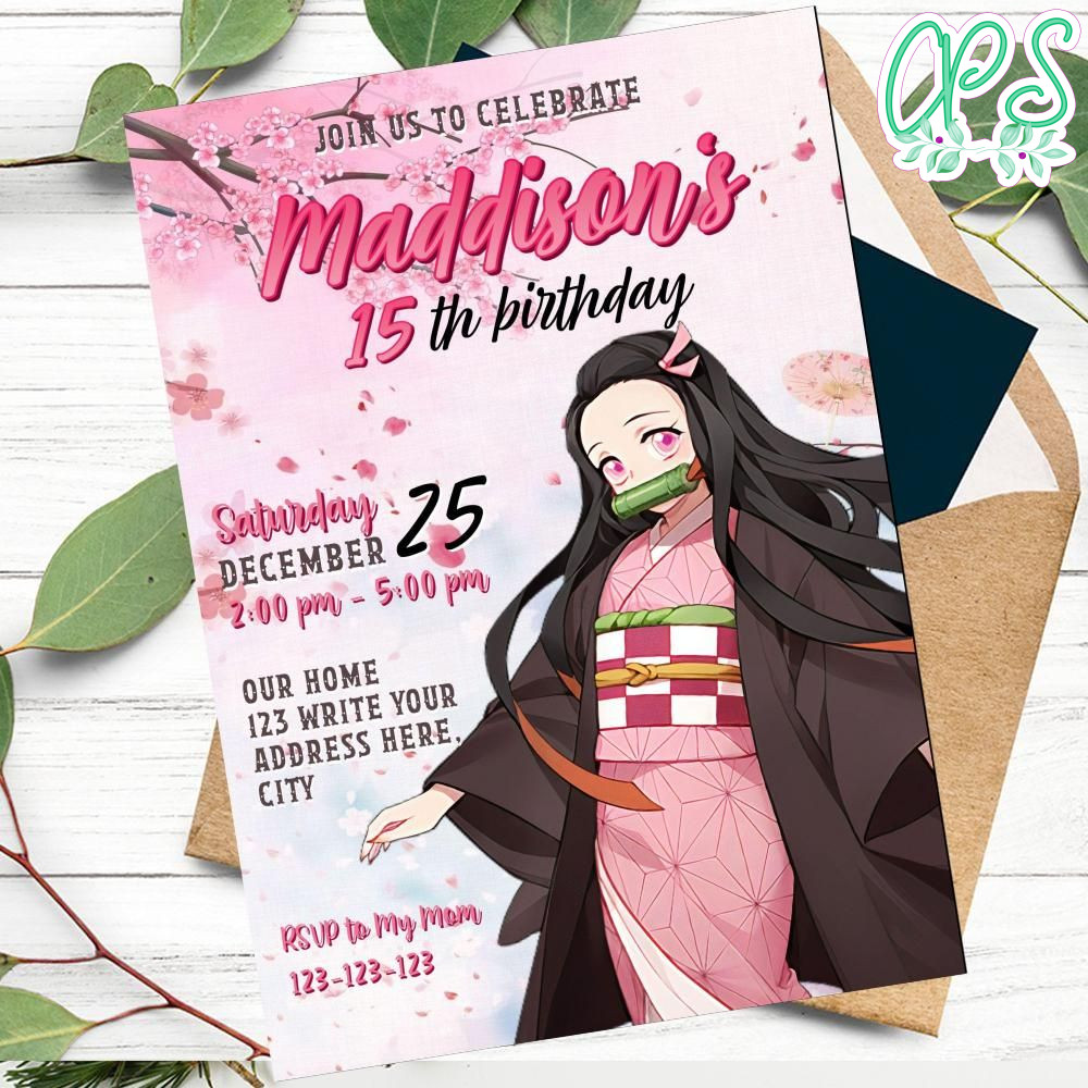 Nezuko Demon Slayer Invitation Customizable Template DIY 