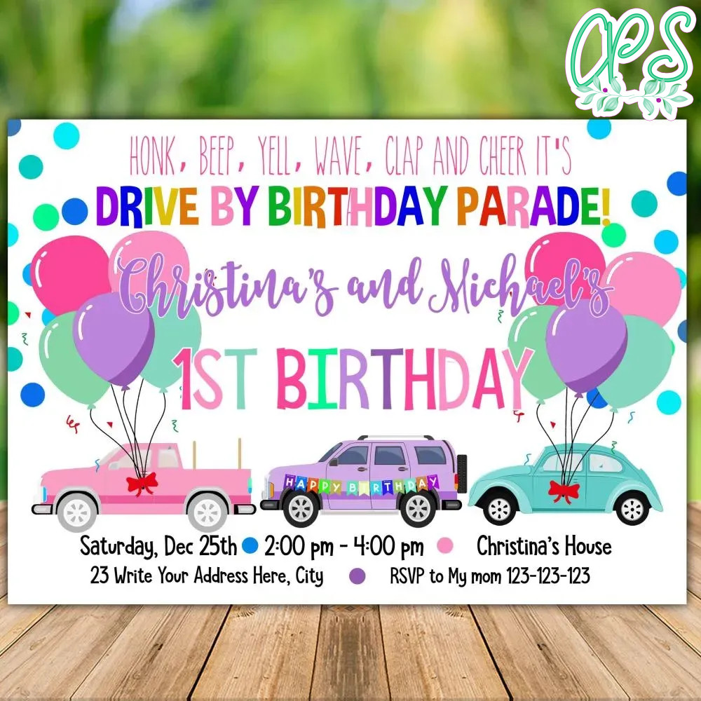 Printable Girl Twins Drive By Parade 1st Birthday Flyer DIY ...