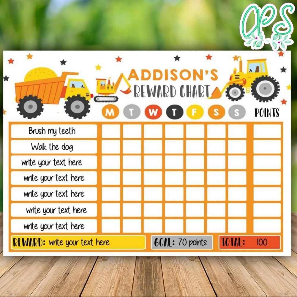 Printable Construction Reward Chart Instant Download | CustomPartyShirts