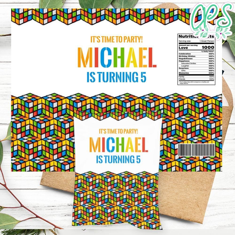 Rubik's cube Birthday Chip Bag Digital File DIY | Partyinvitedesign