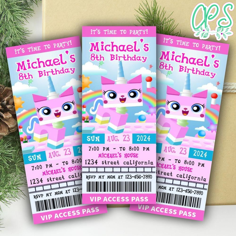 Unikitty Ticket Invitation Customizable Template | CustomPartyShirts