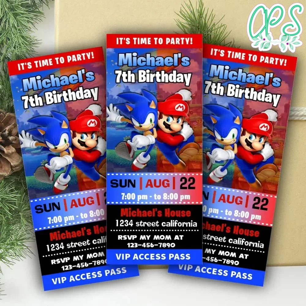 Sonic Mario Ticket Invitation Customizable Template | CustomPartyShirts