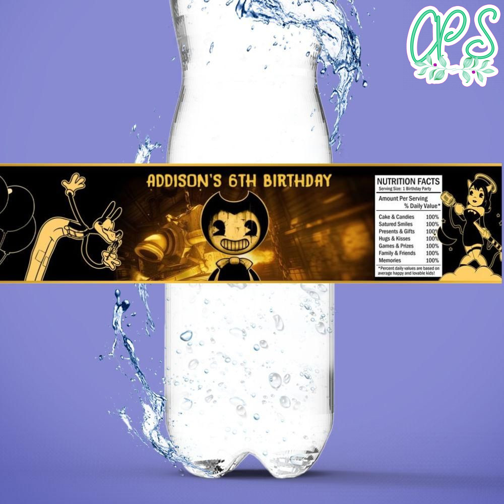 Bendy Birthday Water Bottle Label Template | CustomPartyShirts