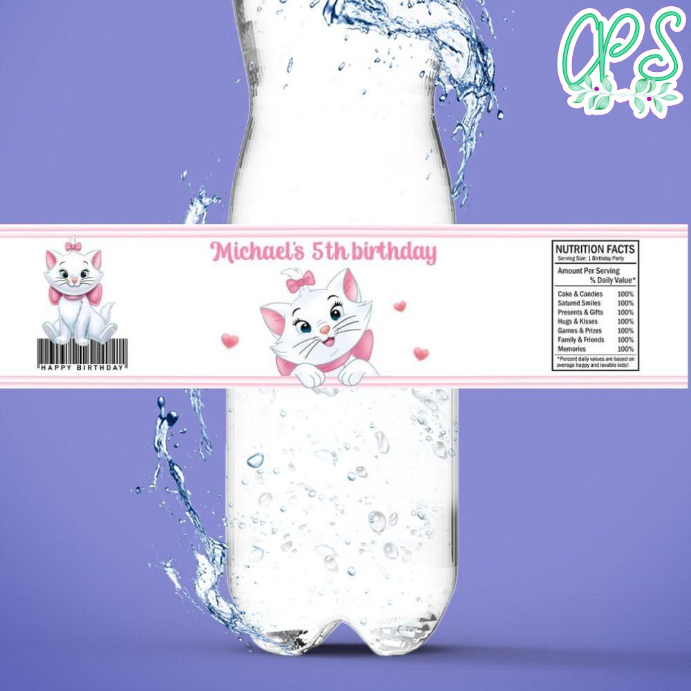 Marie Kitten Birthday Water Bottle Label Template | CustomPartyShirts ...