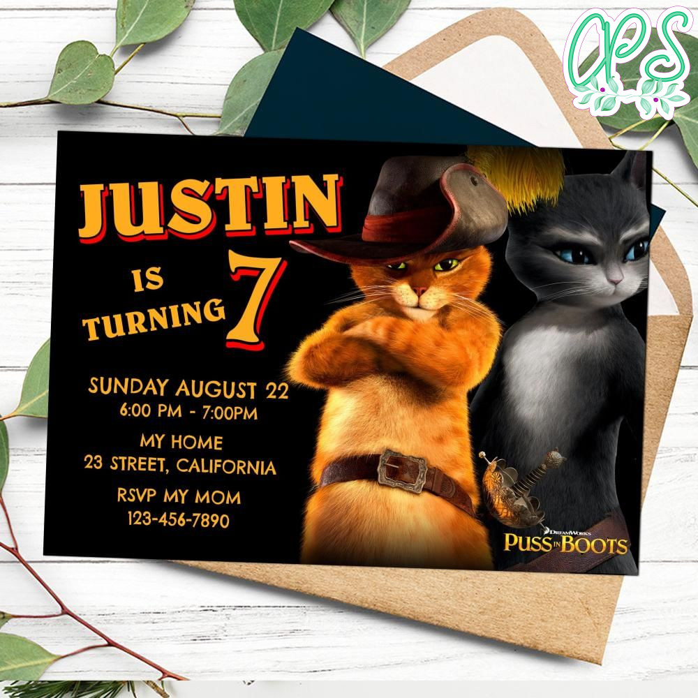 Puss in Boots Invitation Customizable Template DIY | CustomPartyShirts