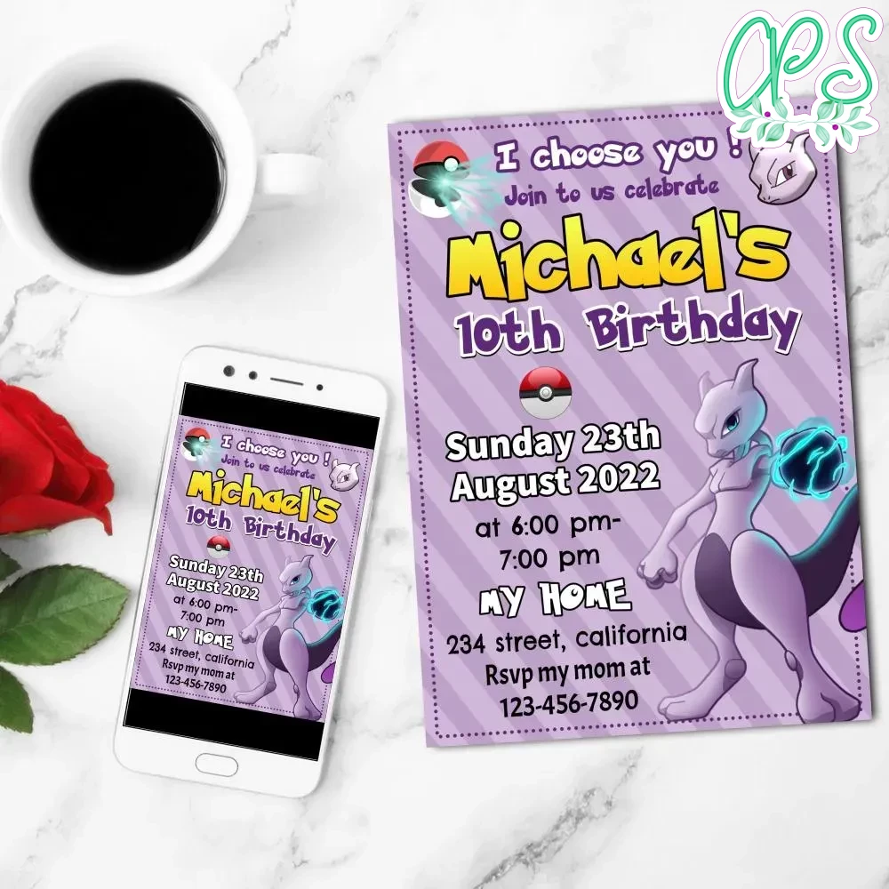 Mewtwo Invitation Customizable Template DIY | CustomPartyShirts
