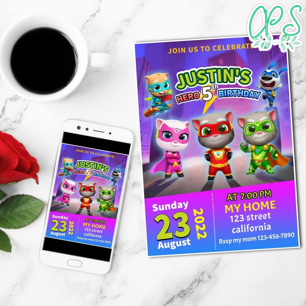Talking Tom Hero Invitation Customizable Template DIY | CustomPartyShirts