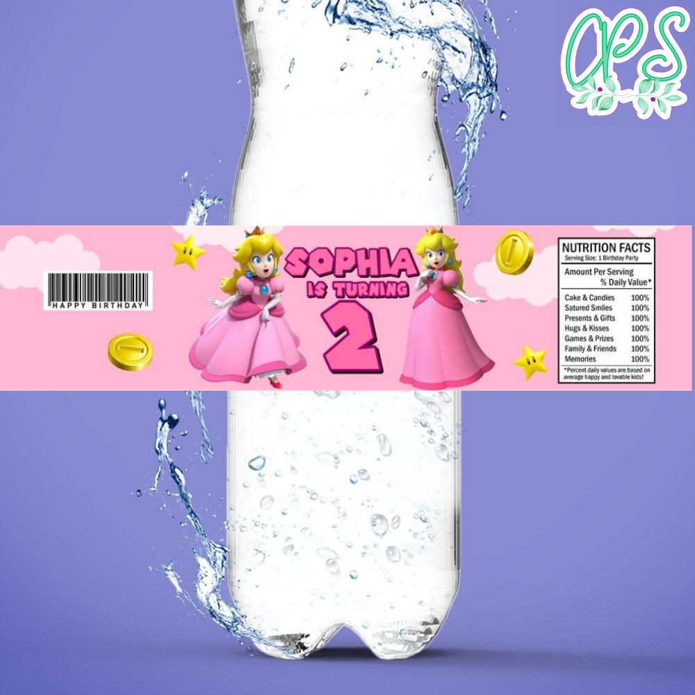 Princess Peach Birthday Water Bottle Label Template | CustomPartyShirts